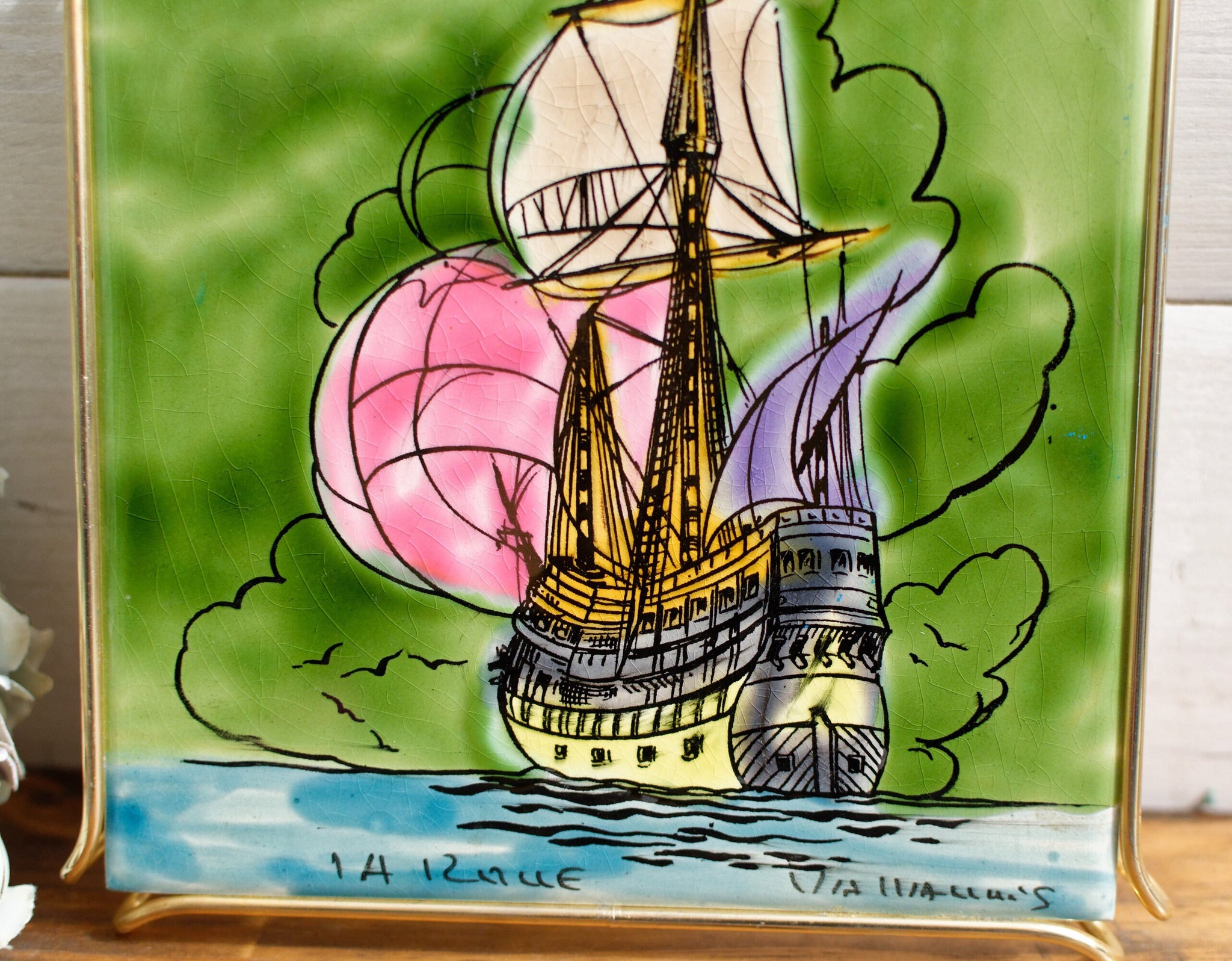 1950s ~ VALLAURIS Ceramic Tile ~ French Vintage Porcelain TRIVET with ...